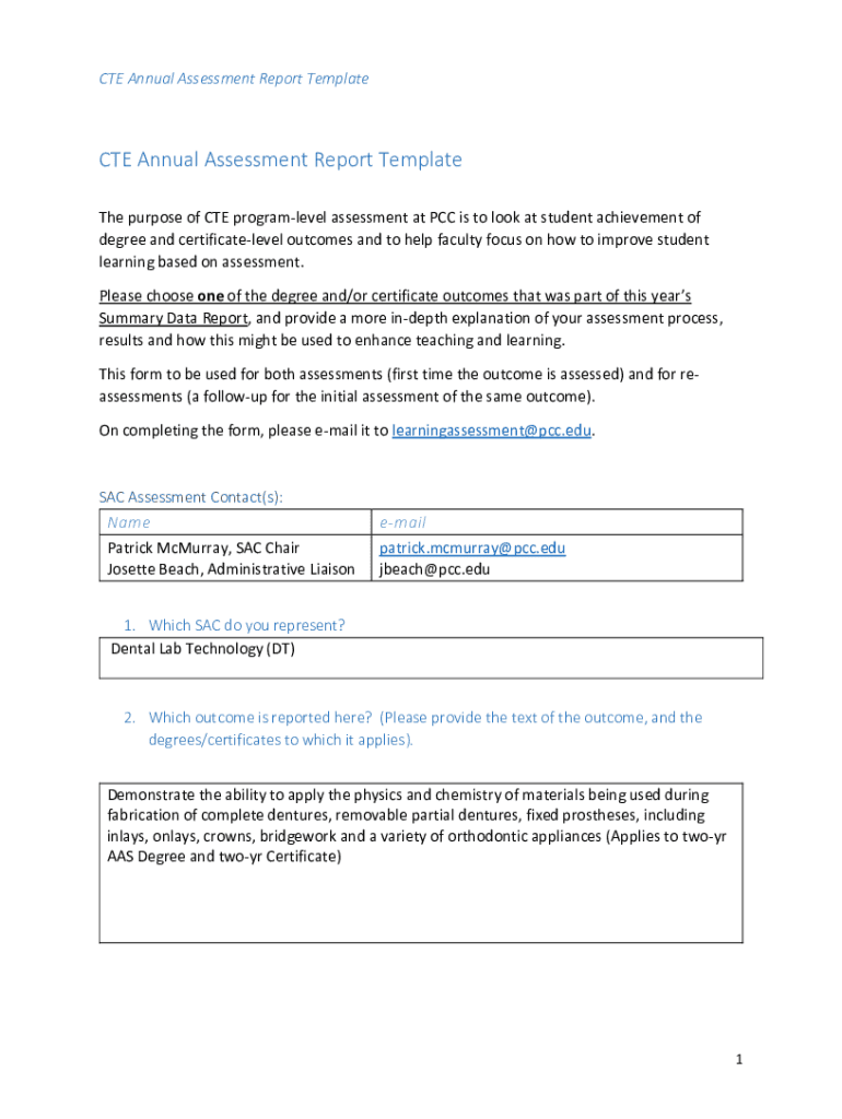 Fillable Online CTE Annual Assessment Report Template PCC Spaces Fax ...