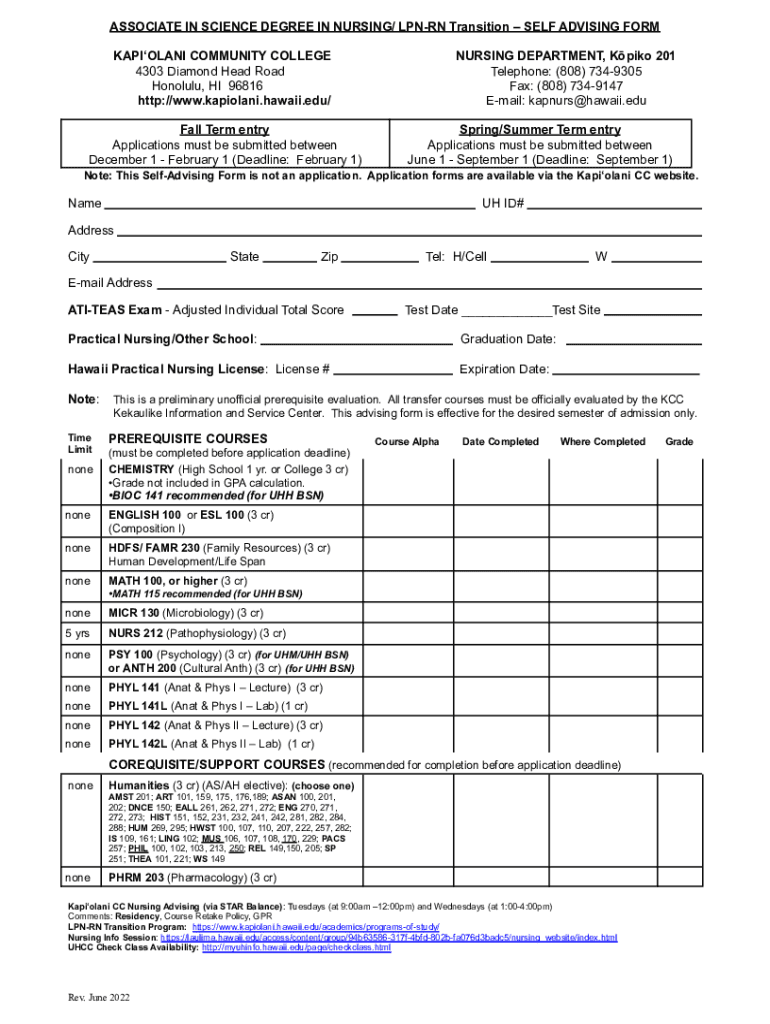 Fillable Online LPN-RN TransitionSELF ADVISING FORM Fax Email Print ...