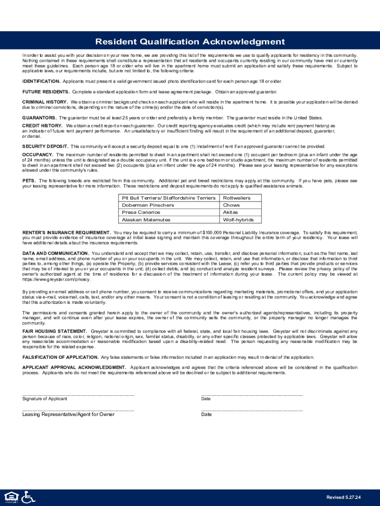 Fillable Online Resident Qualification Acknowledgment - RentCafe Fax ...