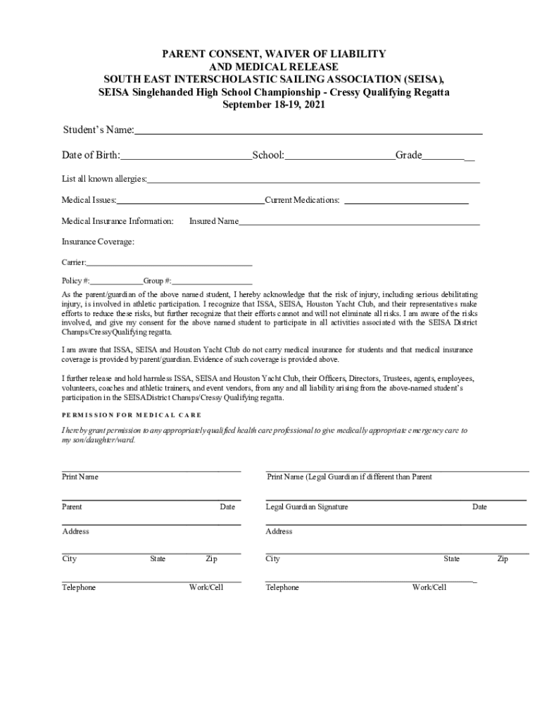 Fillable Online parent consent, waiver of liability - Southern Yacht Club Fax Email Print ...