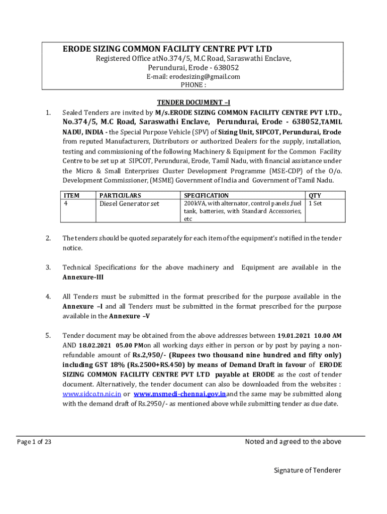 Fillable Online ERODE SIZING COMMON FACILITY CENTRE ... - TANSIDCO Fax ...