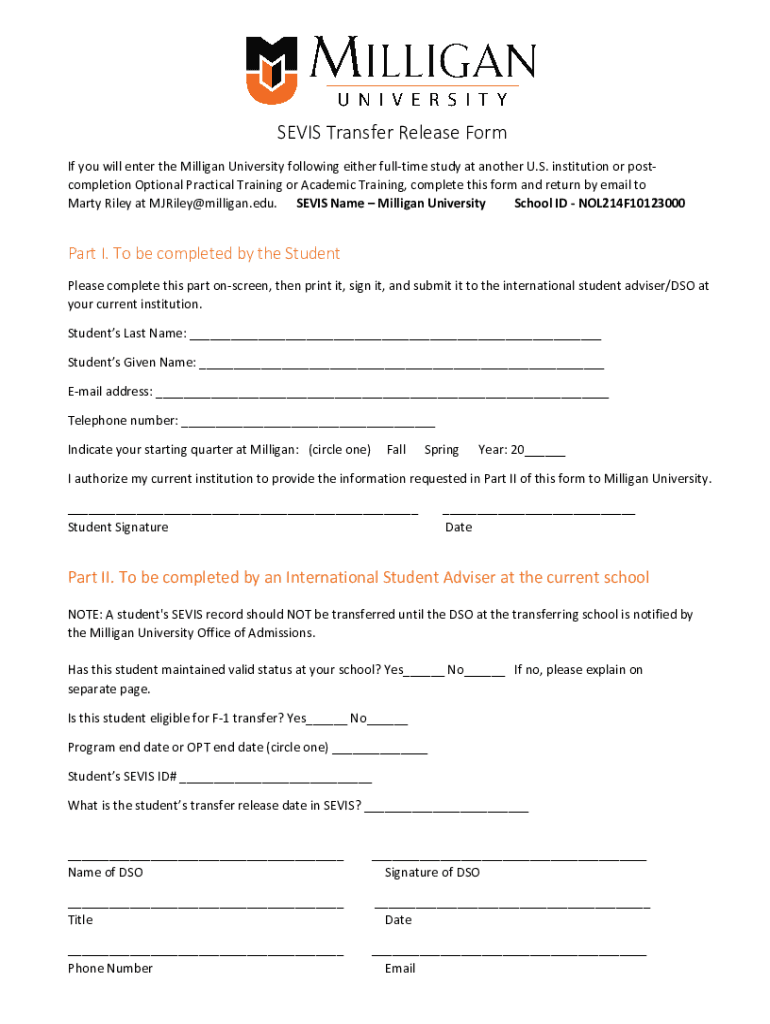 Fillable Online SEVIS Transfer Release Form 2019 Fax Email Print ...