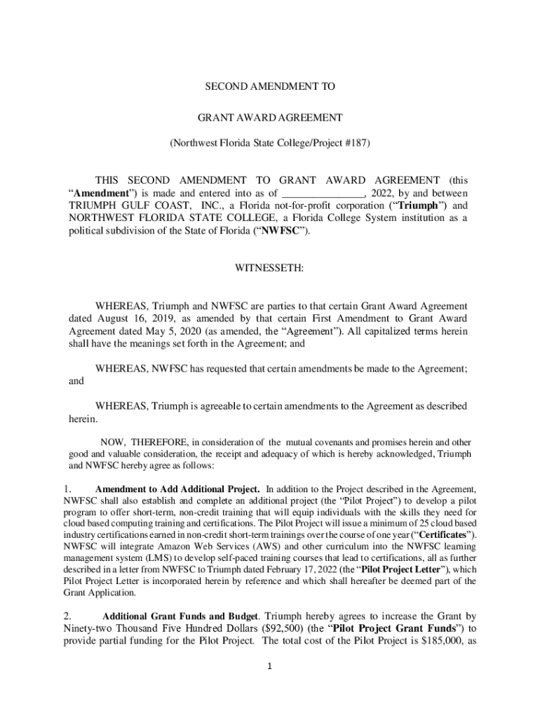 Fillable Online Second Amendment to Grant Award Agreement -- Northwest ...