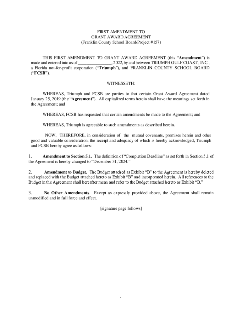 Fillable Online First Amendment to Grant Award Agreement -- Franklin ...