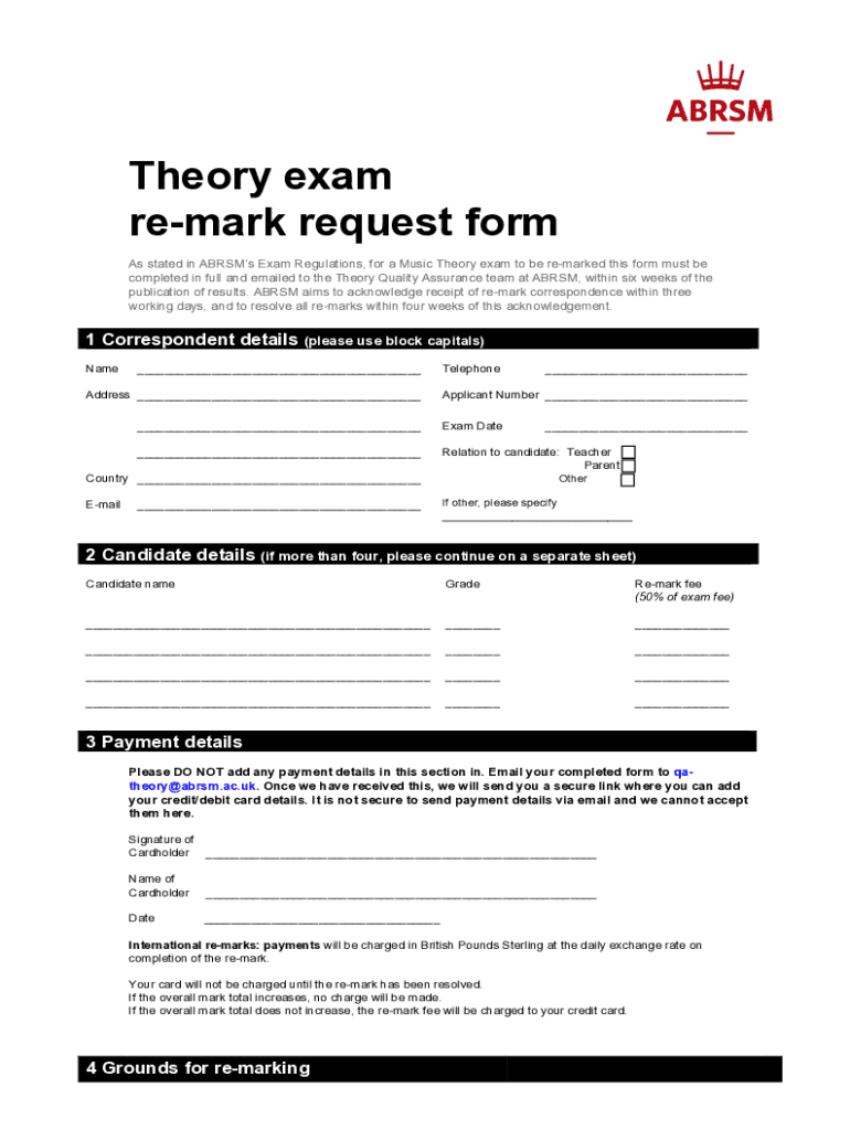 Fillable Online Theory exam re-mark request form - ABRSM Fax Email ...