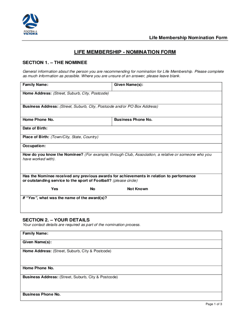 Fillable Online Life Membership AwardGuidelines and Nomination Form Fax ...