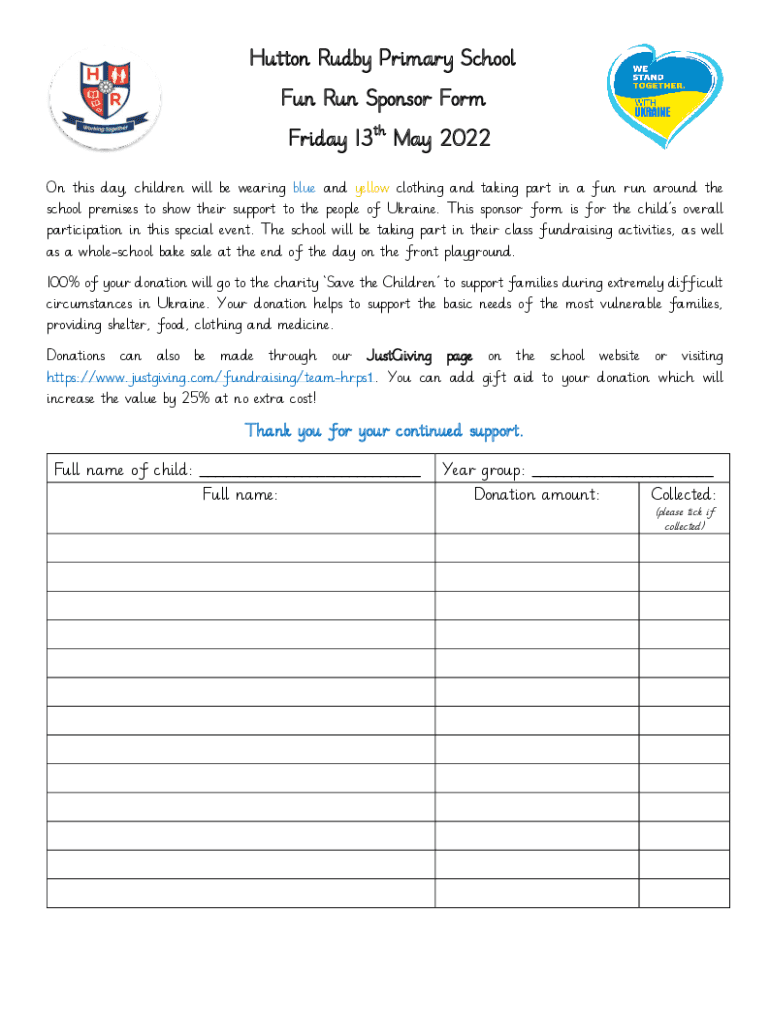 Fillable Online Hutton Rudby Primary School Fun Run Sponsor Form Friday ...