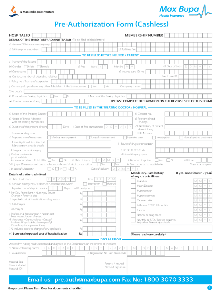 Fillable Online Pre-Authorization Form (Cashless) - Business Solutions Fax Email Print - pdfFiller