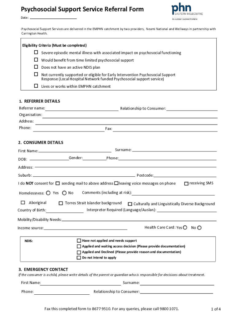 Fillable Online Psychosocial Support Service - Eastern Melbourne Fax ...