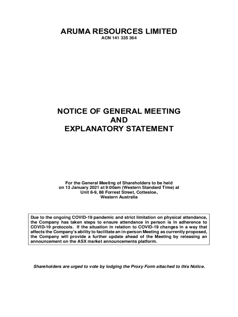 Fillable Online ARUMA RESOURCES LIMITED NOTICE OF ANNUAL ... - AFR Fax Email Print - pdfFiller
