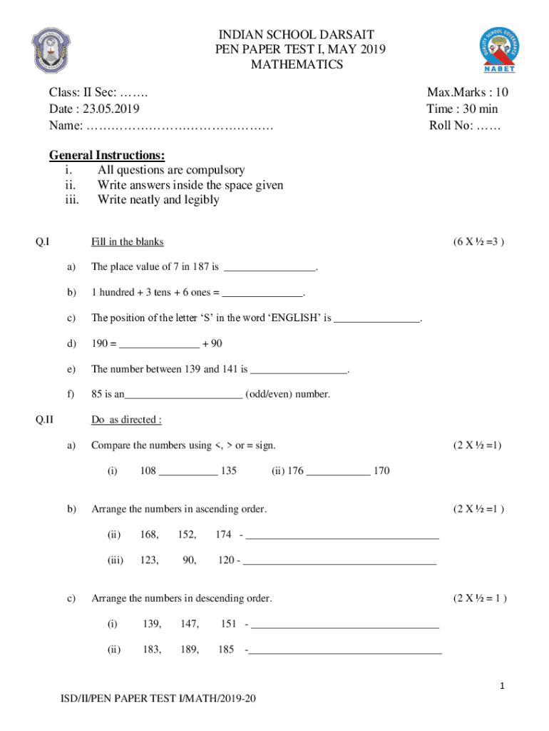 Fillable Online INDIAN SCHOOL DARSAIT SAMPLE PAPER MATHEMATICS Fax ...