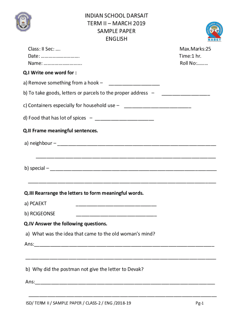 Fillable Online sample paper term - Indian School Darsait Fax Email ...