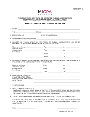 Fillable Online Application for Practising Certificate - MICPA Fax ...