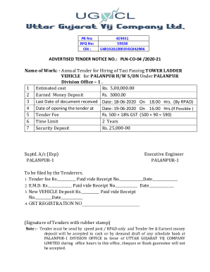 Fillable Online Name of Work: - Annual Tender for Hiring of Taxi ...