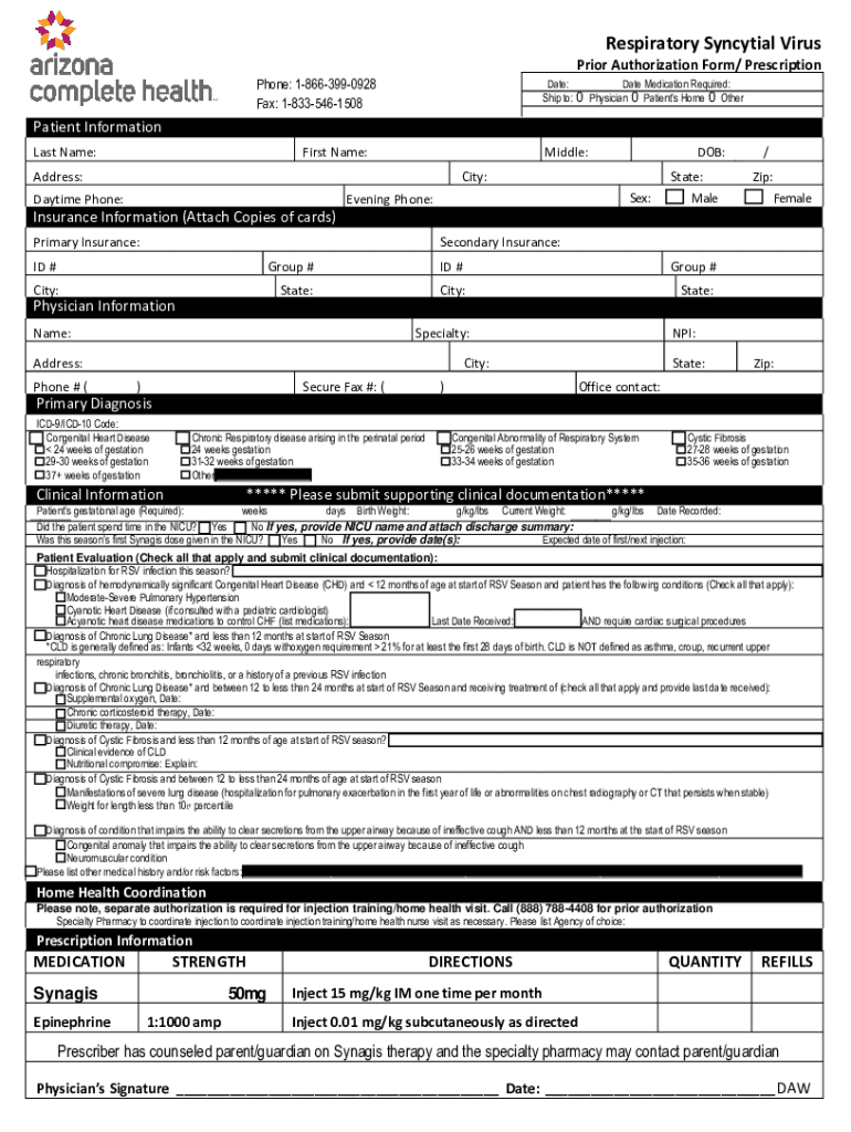 Fillable Online Respiratory Syncytial Virus Prior Authorization Form ...