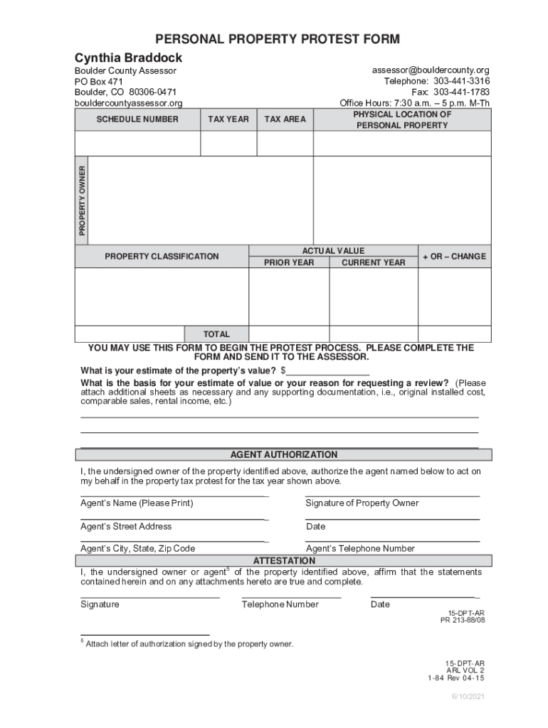 Fillable Online PERSONAL PROPERTY PROTEST FORM Cynthia Braddock Fax ...