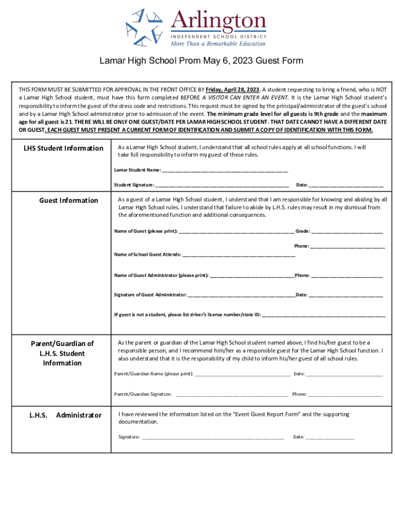 Fillable Online Lamar High School Prom May 6, 2023 Guest Form Fax Email ...