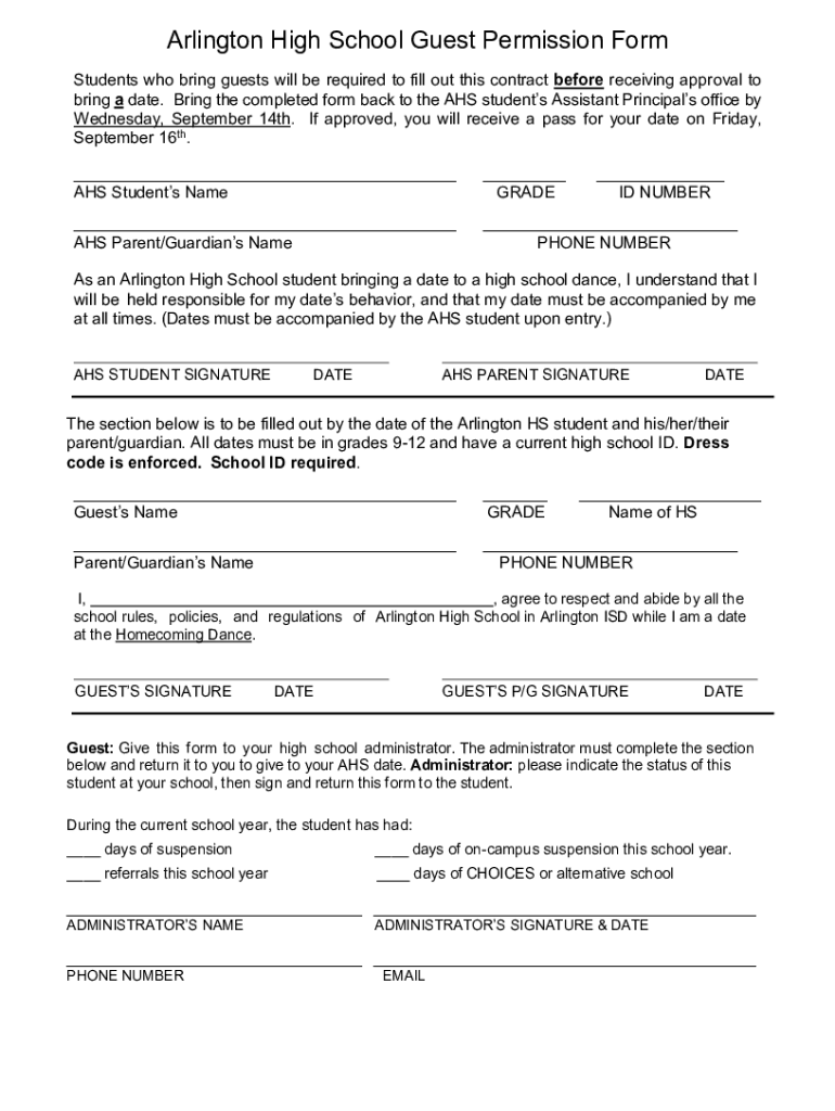 Fillable Online Arlington High School Guest Permission Form Fax Email ...