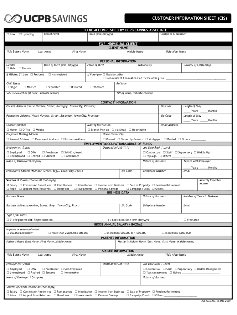 Fillable Online CLIENT INFORMATION UPDATE SHEET - UCPB.com Fax Email ...