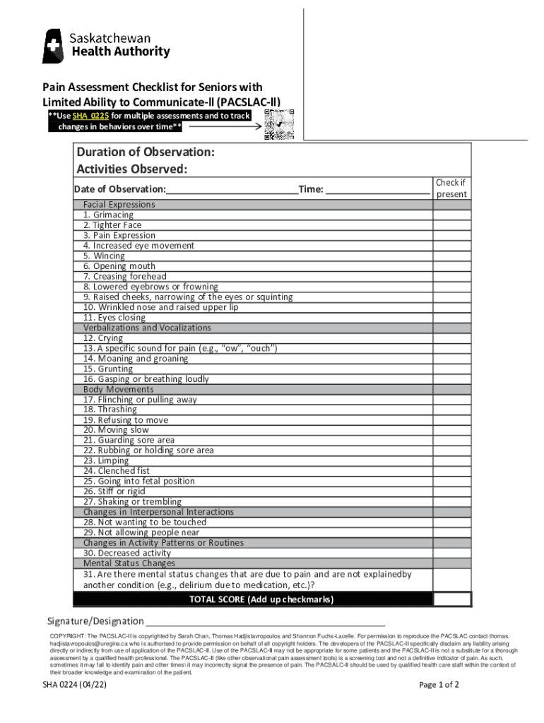 Fillable Online SHA 0224 PACSLAC II Single Assessment Form Fax Email ...