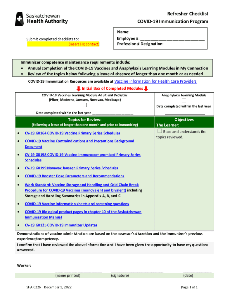 Fillable Online SHA 0226 Refresher Skills Checklist - Immunization Fax ...