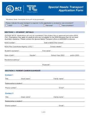Fillable Online Special Needs Transport Application Form - Transport Canberra Fax Email Print ...