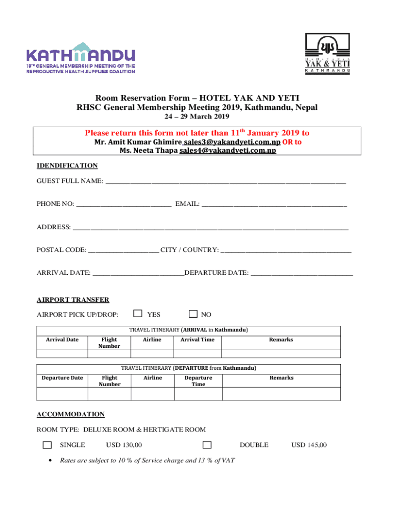 Fillable Online Hotel Yak and Yeti Room Reservation Request Form Fax ...