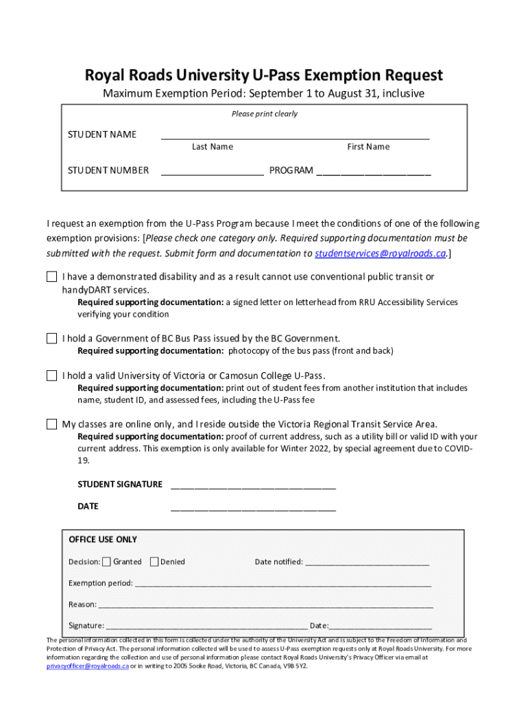 Fillable Online BC Transit U-Pass - Royal Roads University Student ...