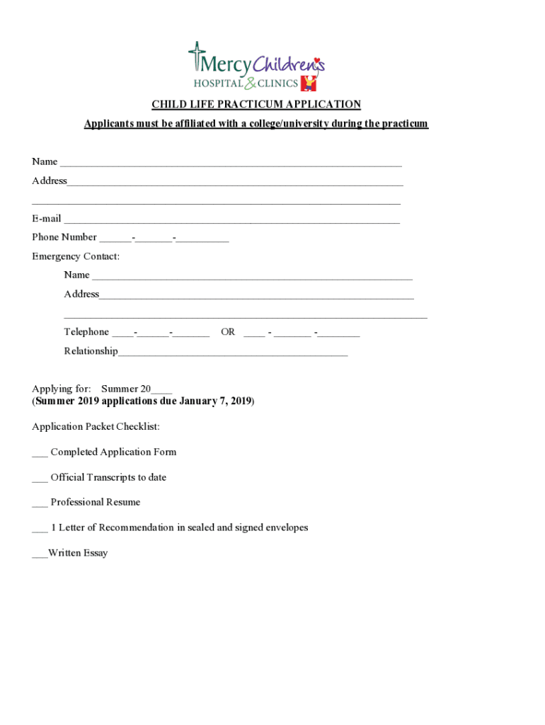 Fillable Online Levine Children's Child Life Department Practicum ...