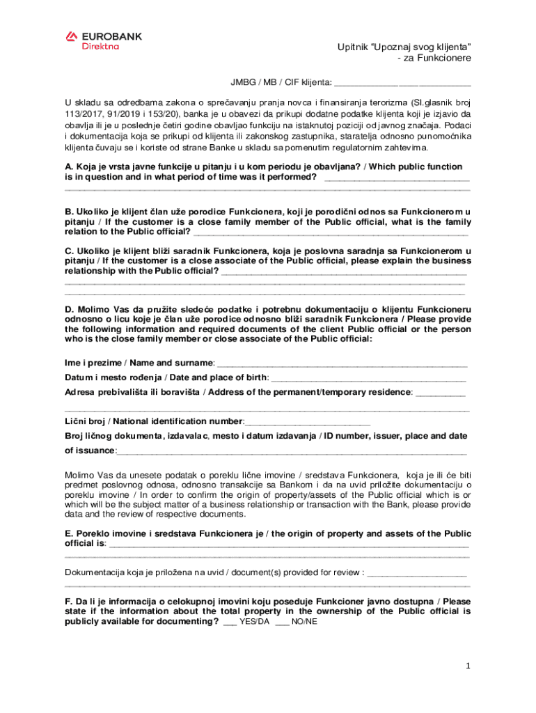 Fillable Online Upitnik Upoznaj svog klijenta - za Funkcionere 1 Fax ...
