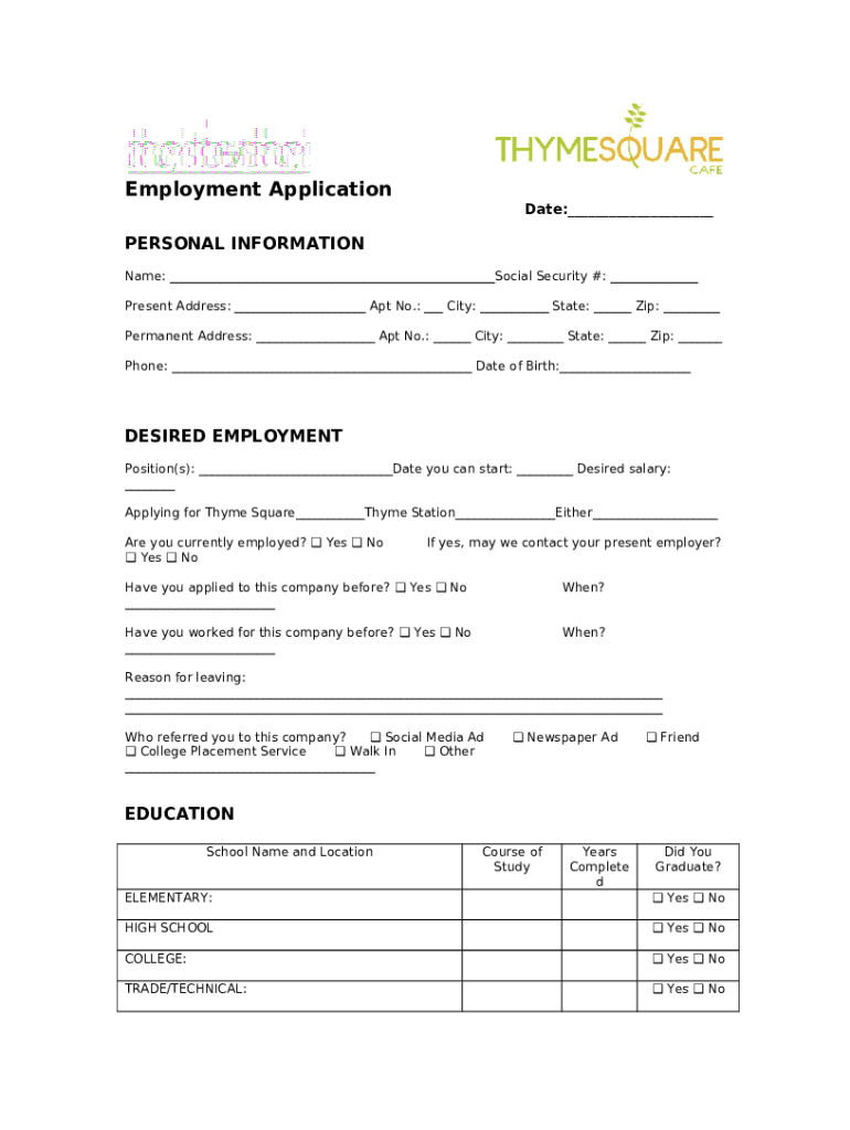 APPLICATION FOR EMPLOYMENT Date: Personal Ination Name: Doc Template | pdfFiller