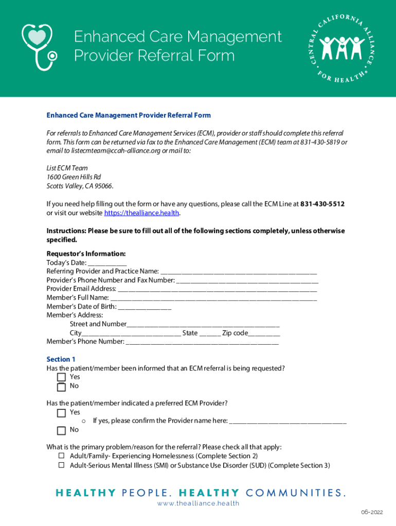 Fillable Online Enhanced Care Management Provider Referral Form Final Fax Email Print - pdfFiller