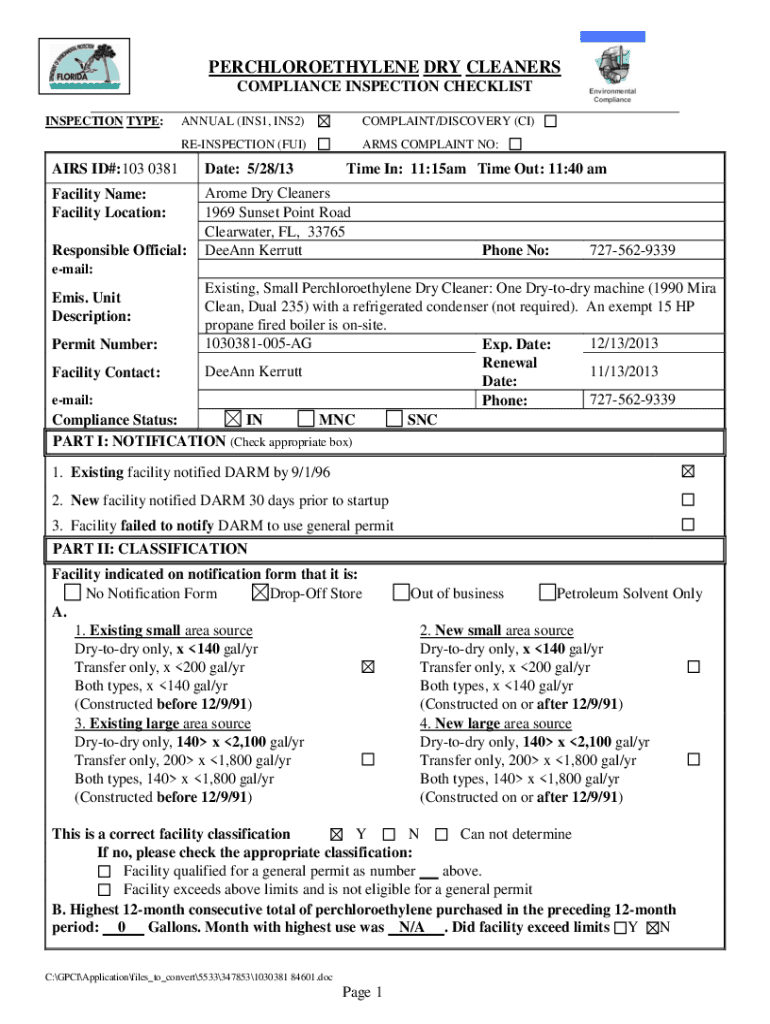 Fillable Online arm-permit2k dep state fl Dry Cleaner Inspection ...