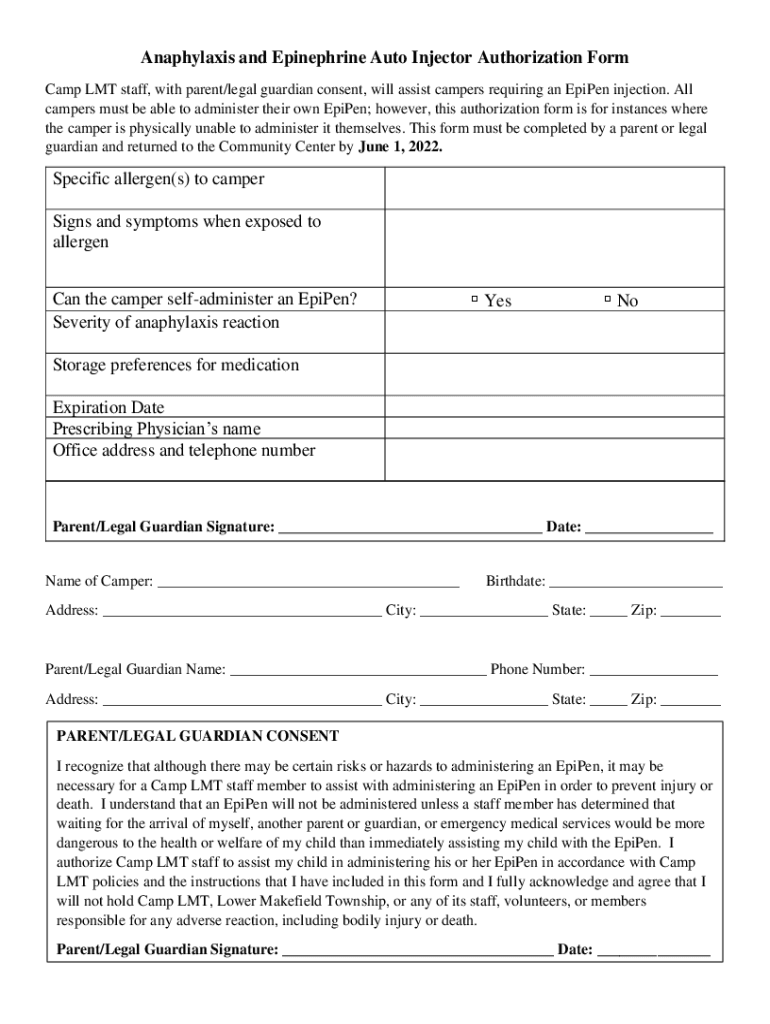 Fillable Online Anaphylaxis and Epinephrine Auto Injector Authorization ...