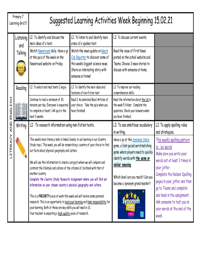 Fillable Online Primary 2 Home Learning Grid Week Beginning 01.02.21 ...