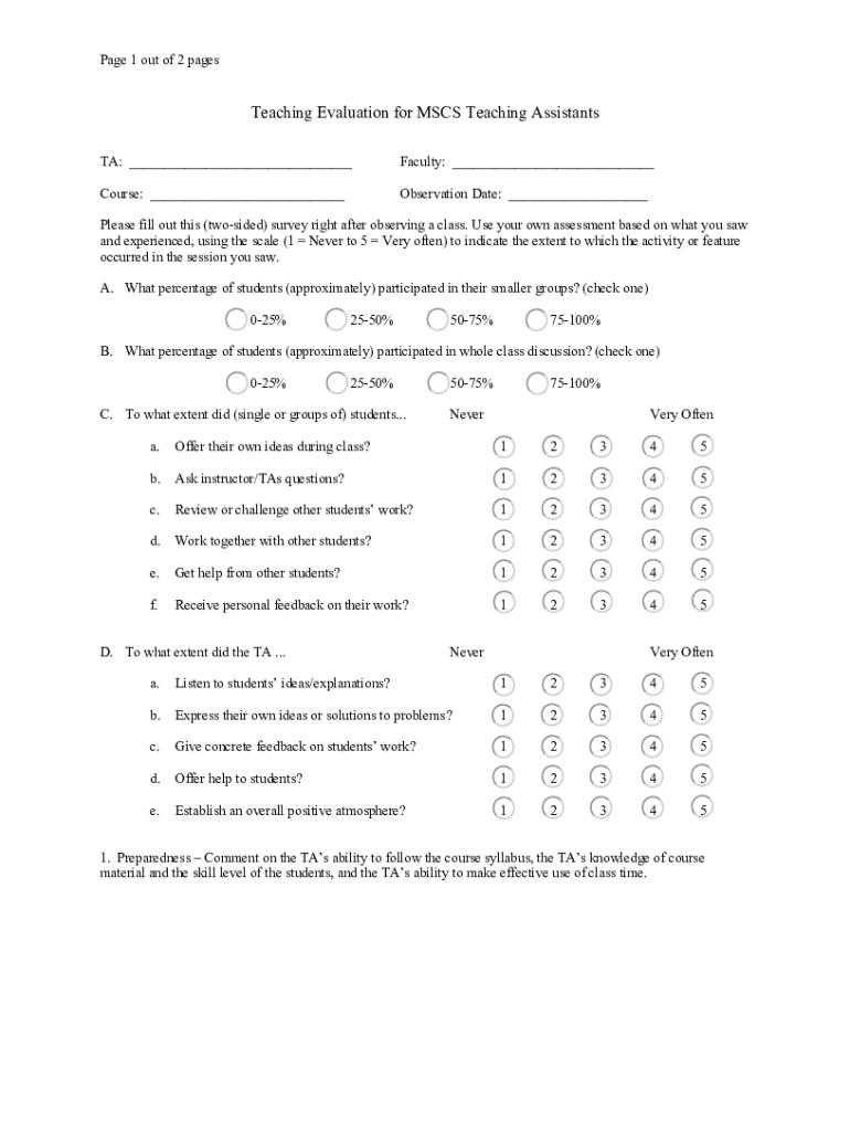 Fillable Online Teaching Assistant Classroom Observation Sheet Fax ...