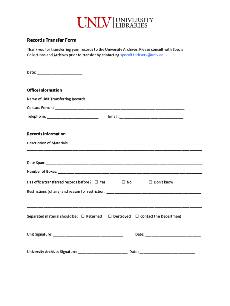 Fillable Online University Records Transfer Form Special Collections ...