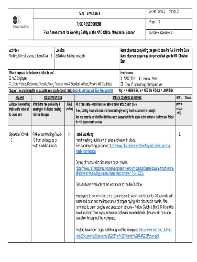 Fillable Online Risk Assessment for Working Safely at the NAO Office ...