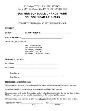 Fillable Online SUMMER SCHEDULE CHANGE FORM SCHOOL YEAR 2018 ... Fax ...
