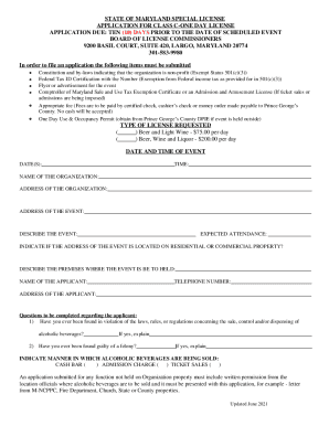 Fillable Online STATE OF MARYLAND SPECIAL LICENSE - APPLICATION FOR ...