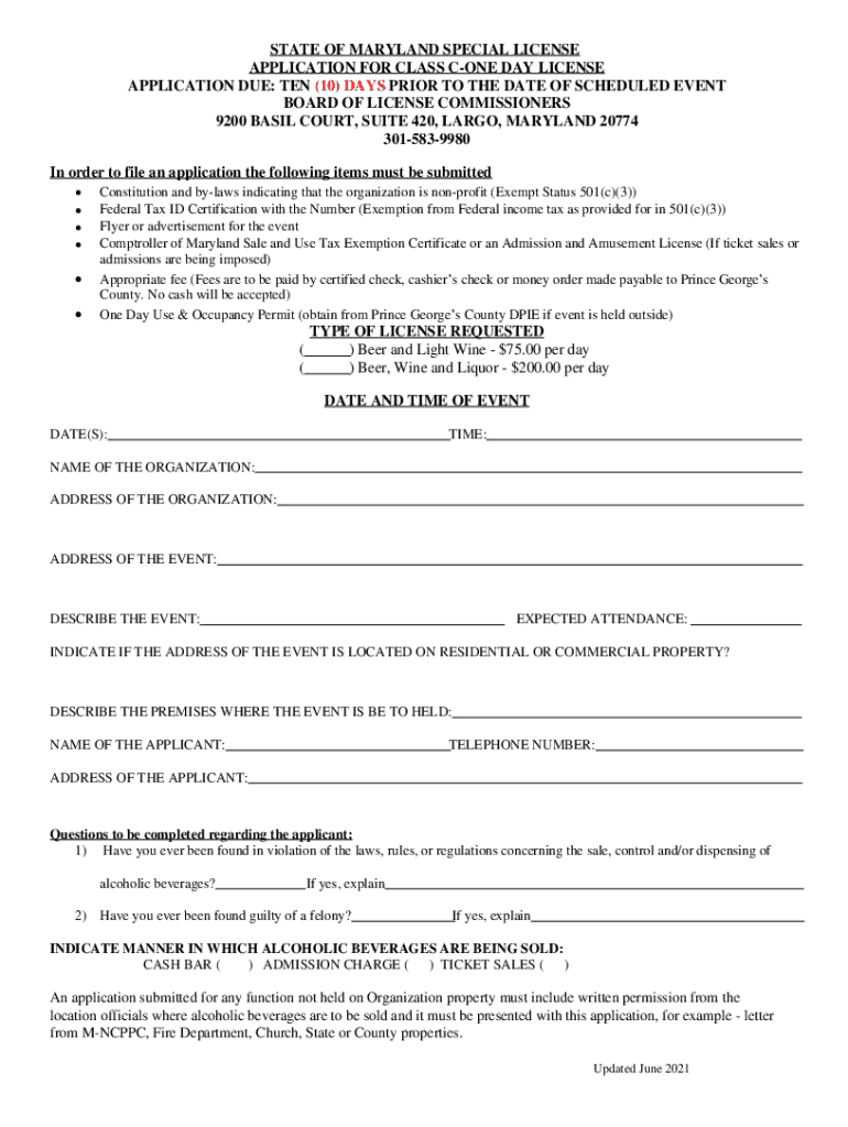 Fillable Online STATE OF MARYLAND SPECIAL LICENSE - APPLICATION FOR ...