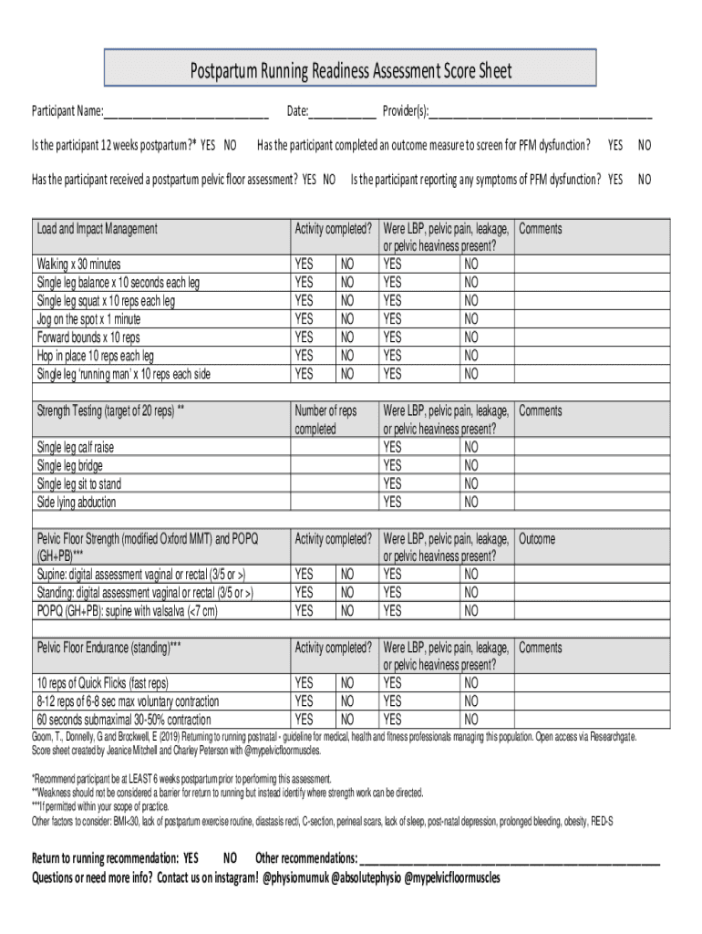 Postpartum Running Readiness Assessment Score Sheet - Fill Online ...