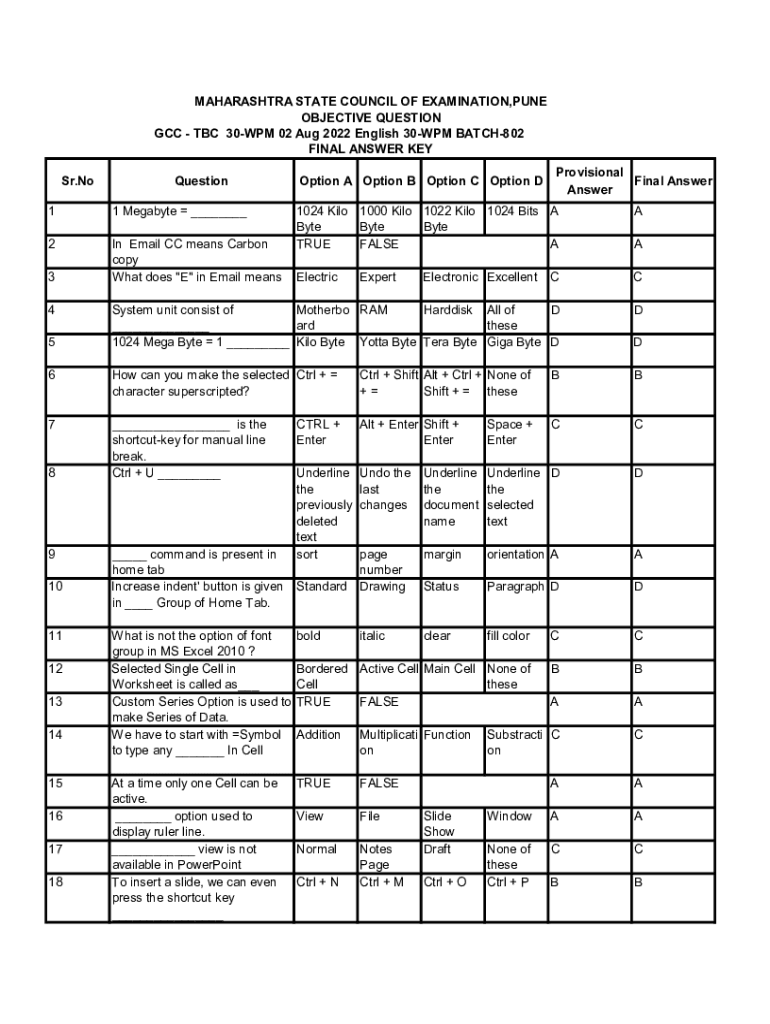 Fillable Online Provisional Answerkey Of Gcc Tbc Exam July August