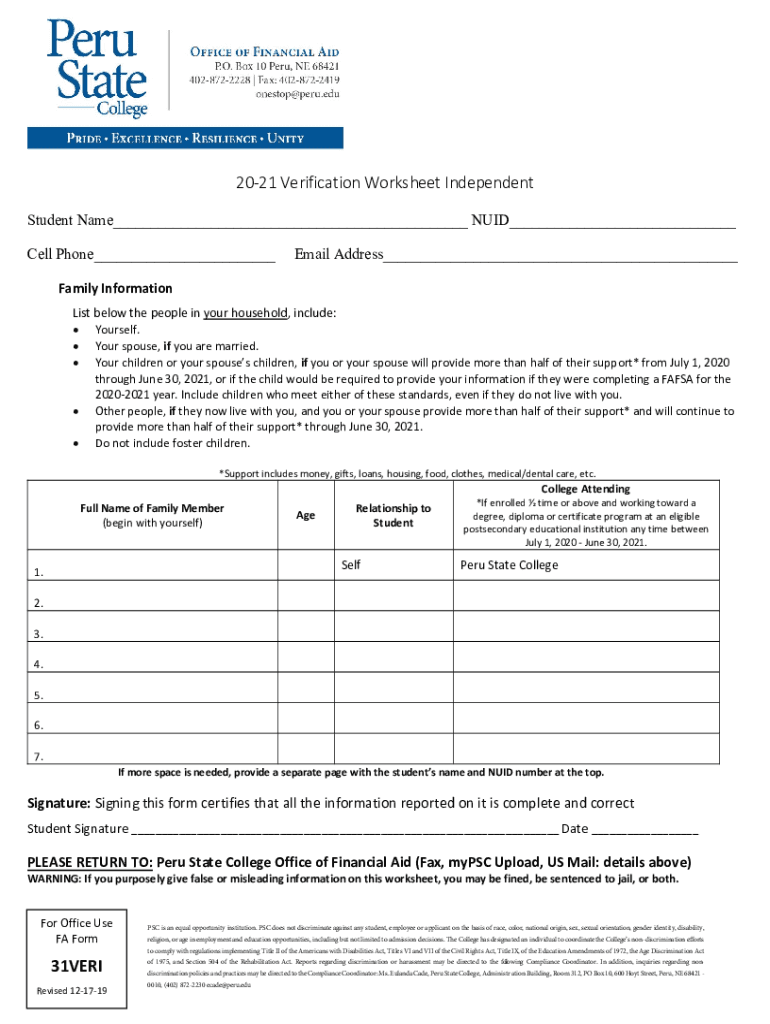 Fillable Online 20-21 Verification Worksheet Independent. Financial Aid ...