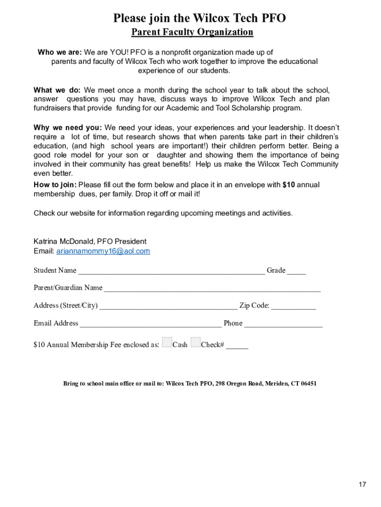 Fillable Online Parent Faculty Organization - H.C. Wilcox Technical ...
