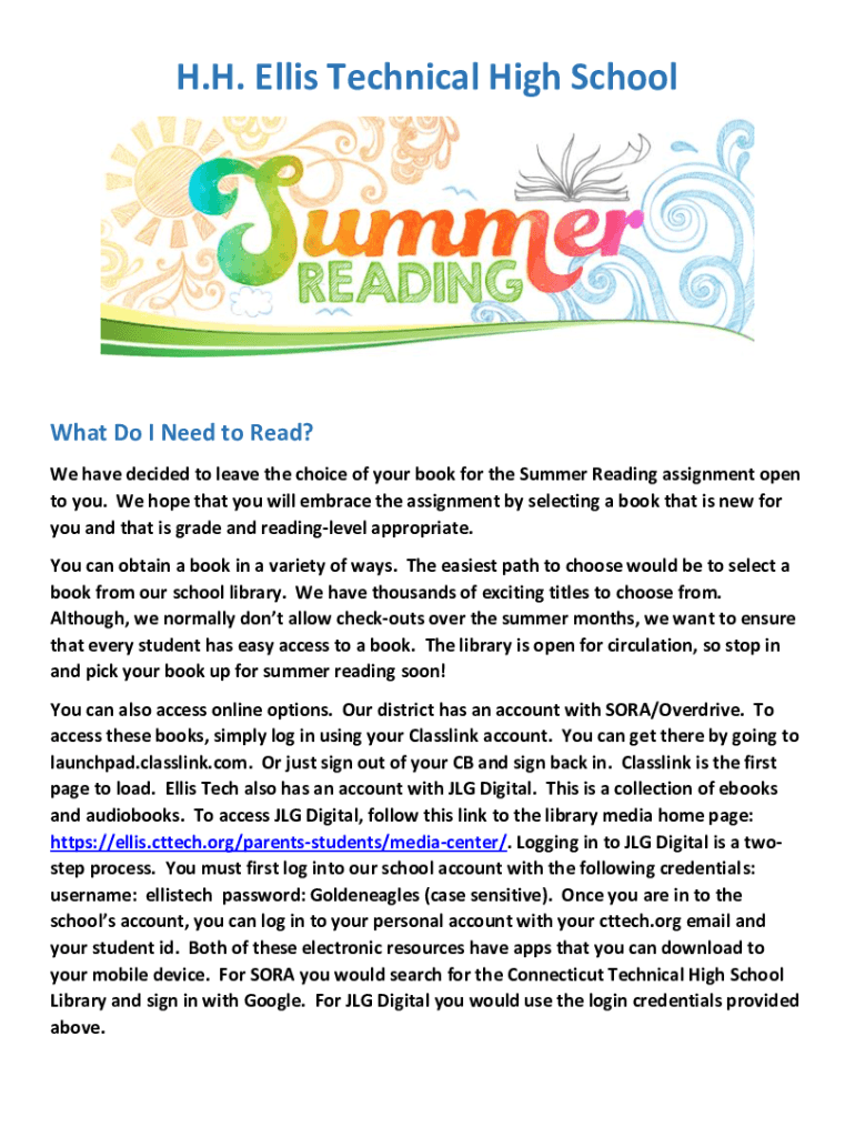 Fillable Online Summer Reading Project for H.H. Ellis Technical High ...