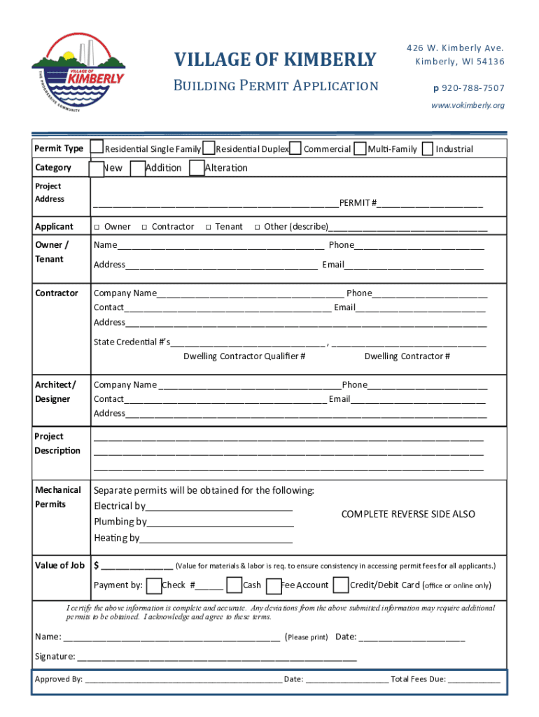 Fillable Online VILLAGE OF KIMBERLY - Building Permit Application Fax ...