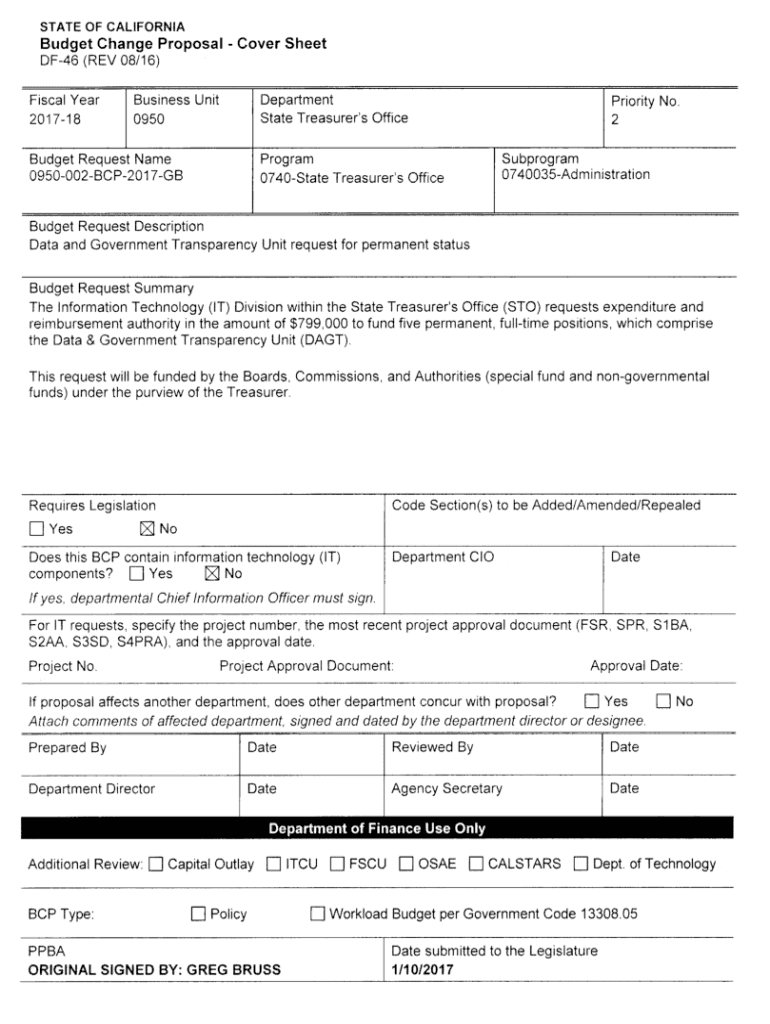 Fillable Online Budget Change Proposal - Cover Sheet DF-46 (REV 08/16) Fax Email Print - pdfFiller