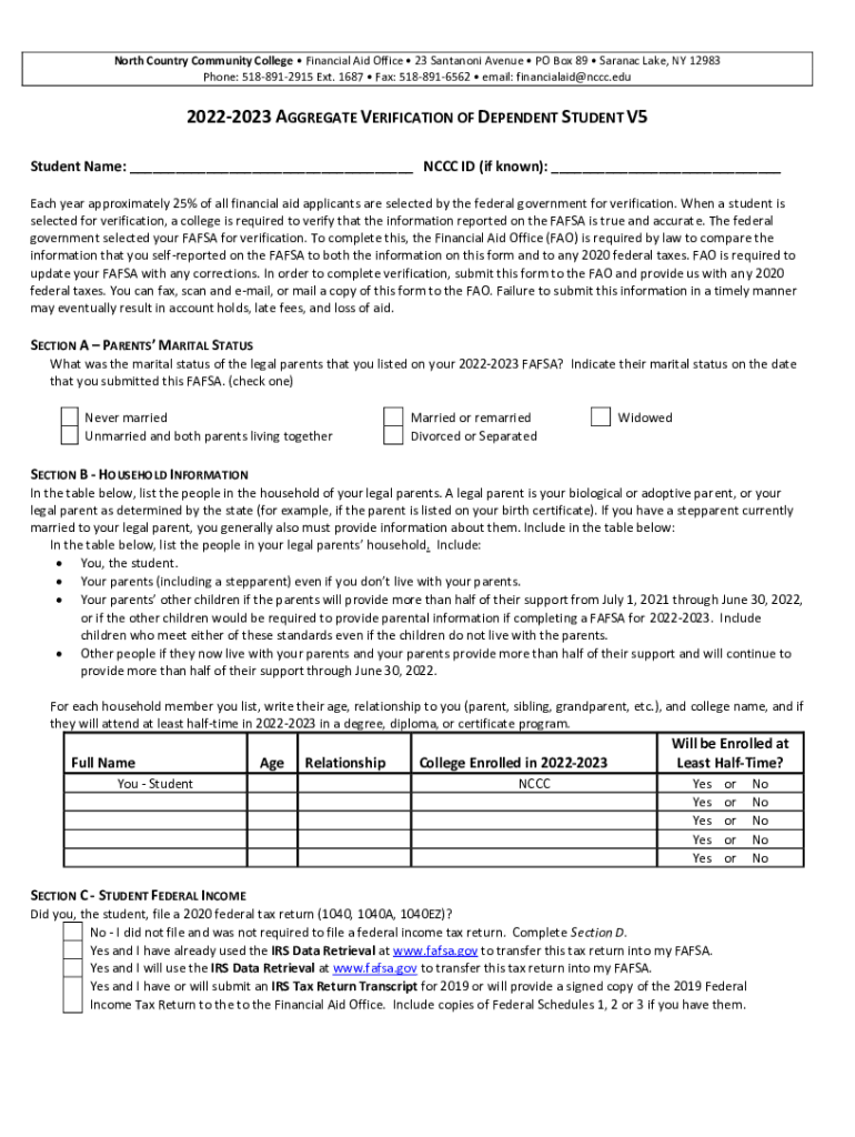 Fillable Online 2022-2023 Verification Form Aggregate V5 - Dependent Fax Email Print - pdfFiller