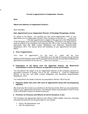 Fillable Online Draft Letter of Appointment of Independent Director Fax ...